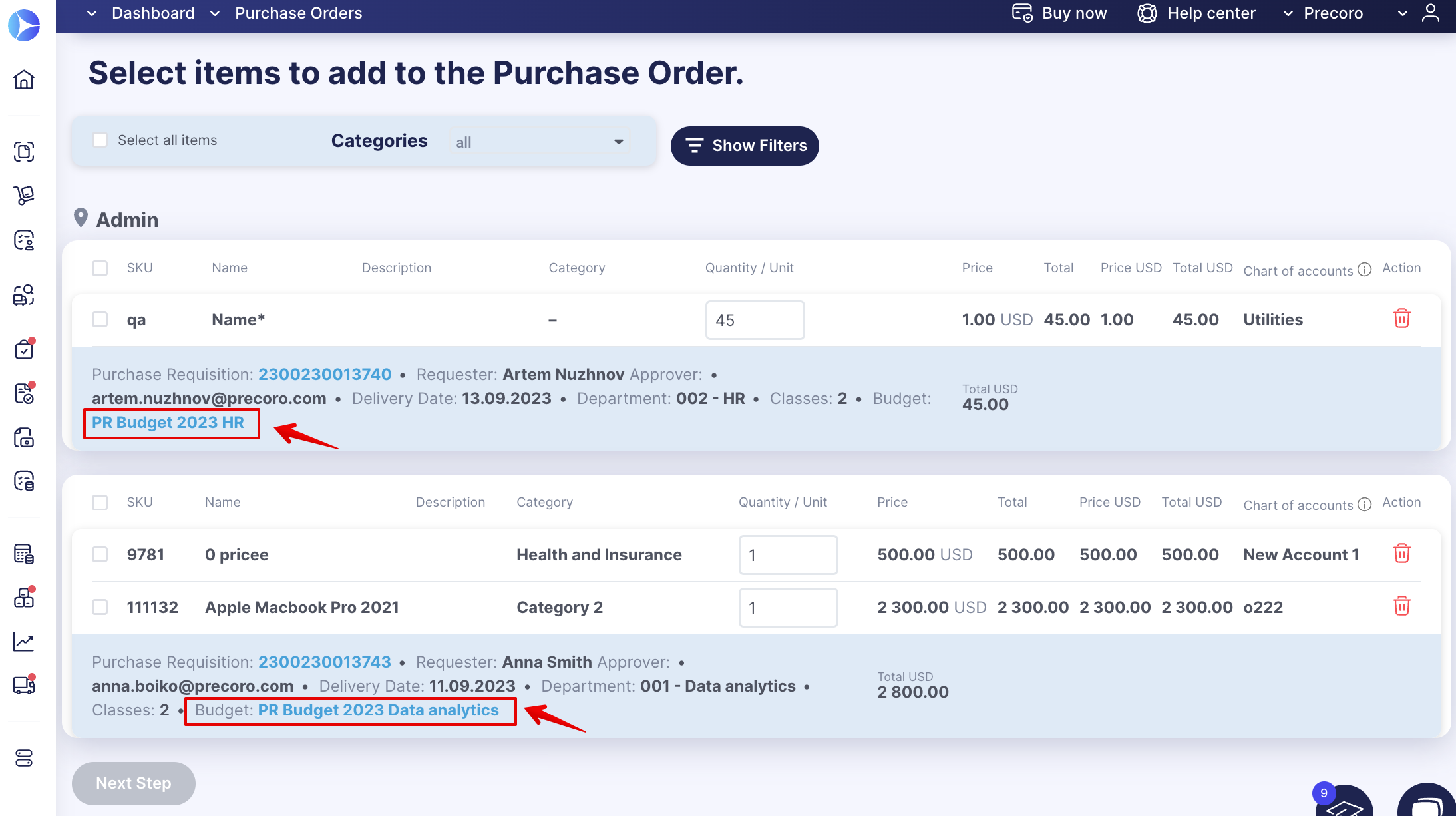 Budget in Purchase Requisitions